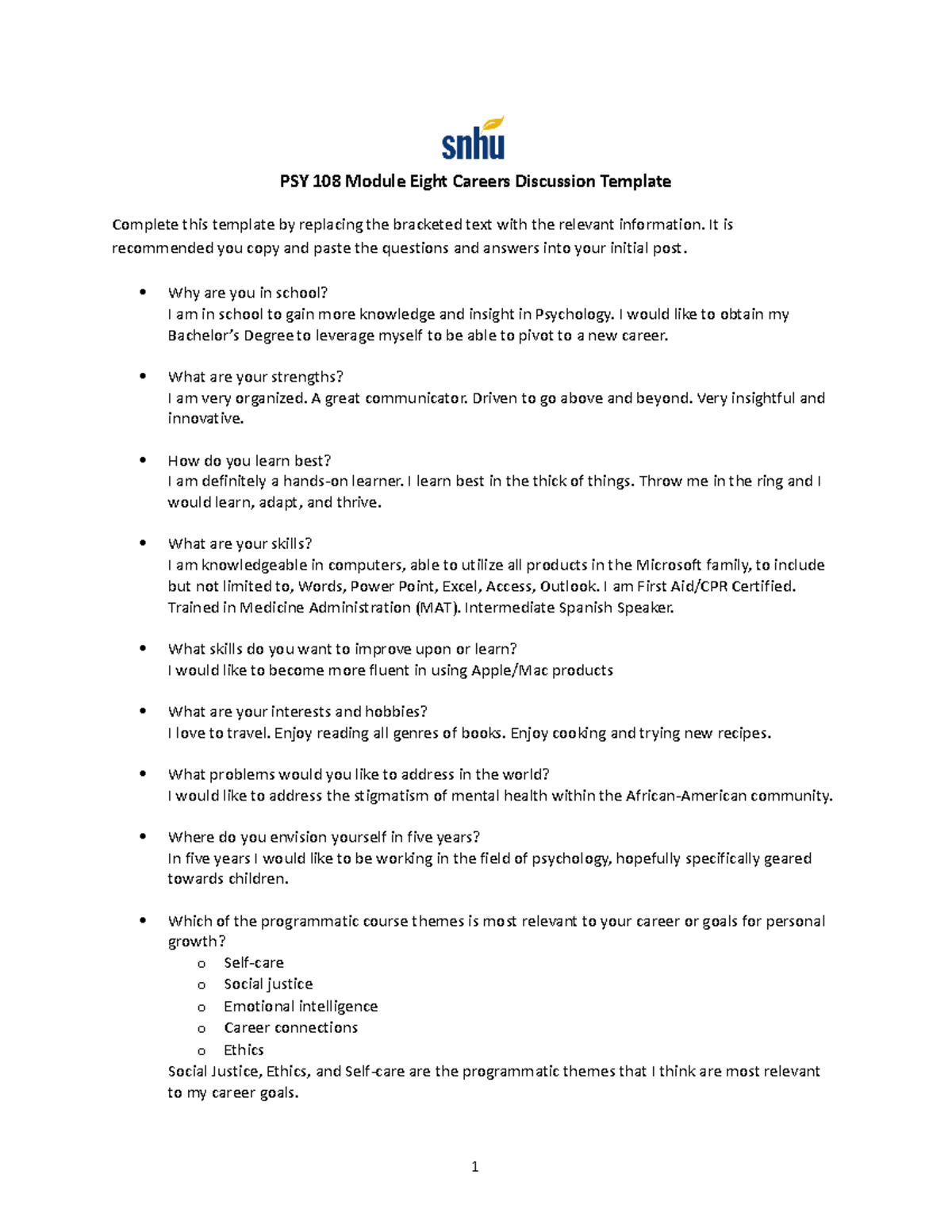 PSY 108 Module Eight Careers Discussion Template - PSY 108 Module Eight ...
