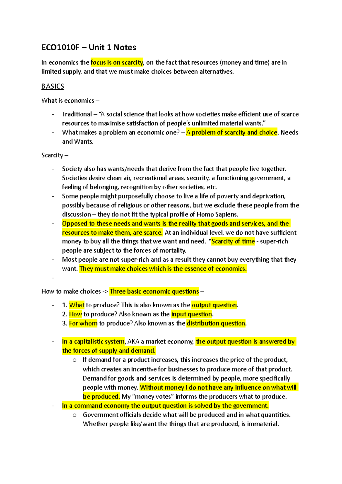 Core Economy Unit 1 ECO1010F lecture notes - ECO1010F – Unit 1 Notes In ...