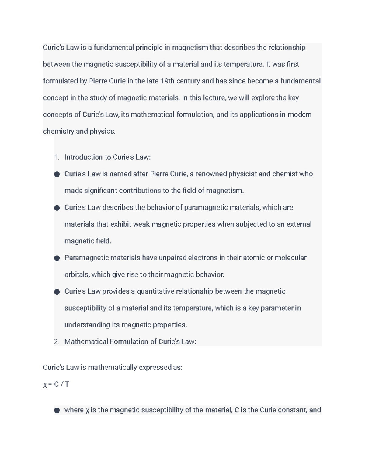 Curie's Law notes - Curie's Law is a fundamental principle in magnetism ...