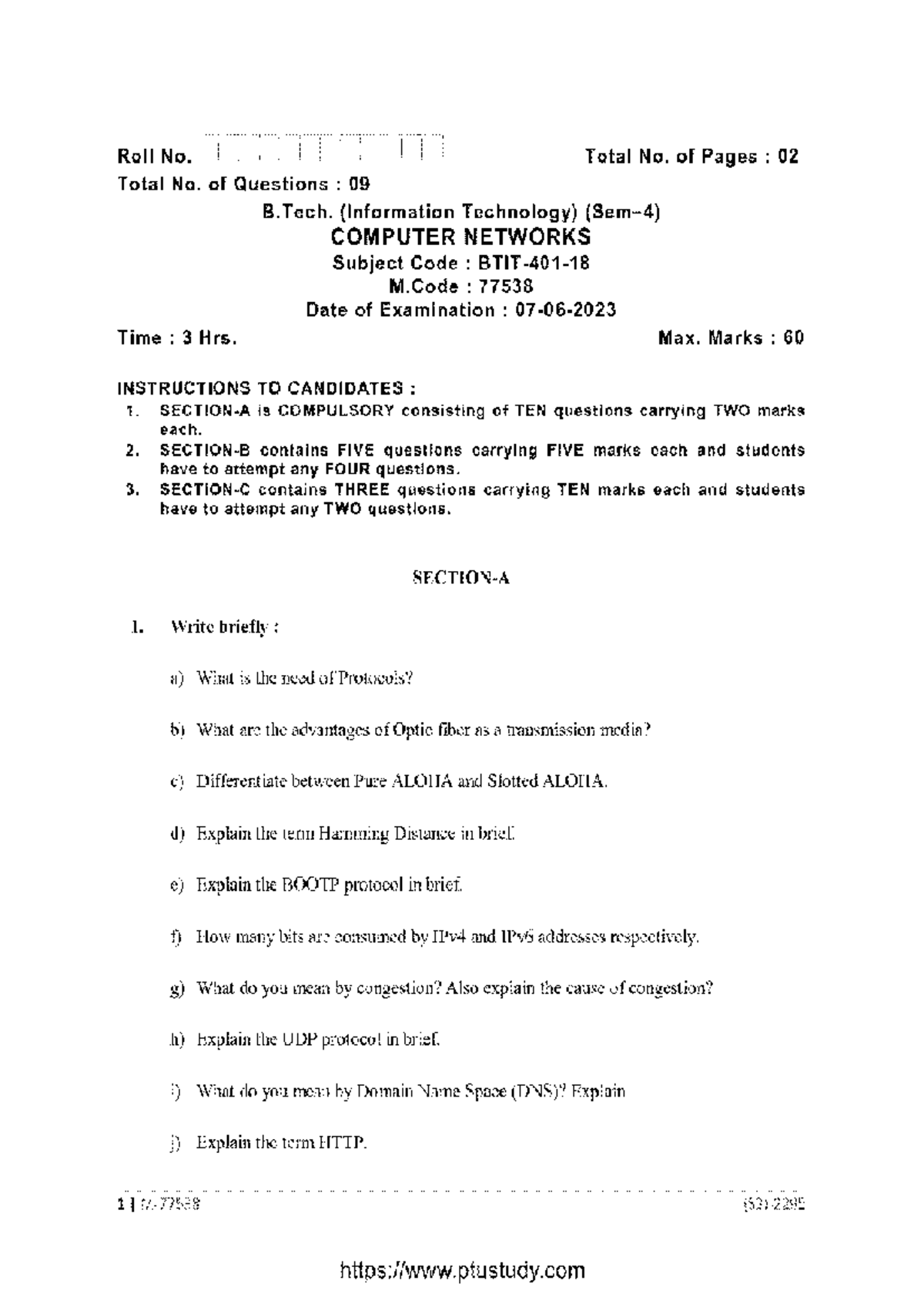Btech it 4 sem computer networks 77538 jun 2023 - B. Tech - Studocu