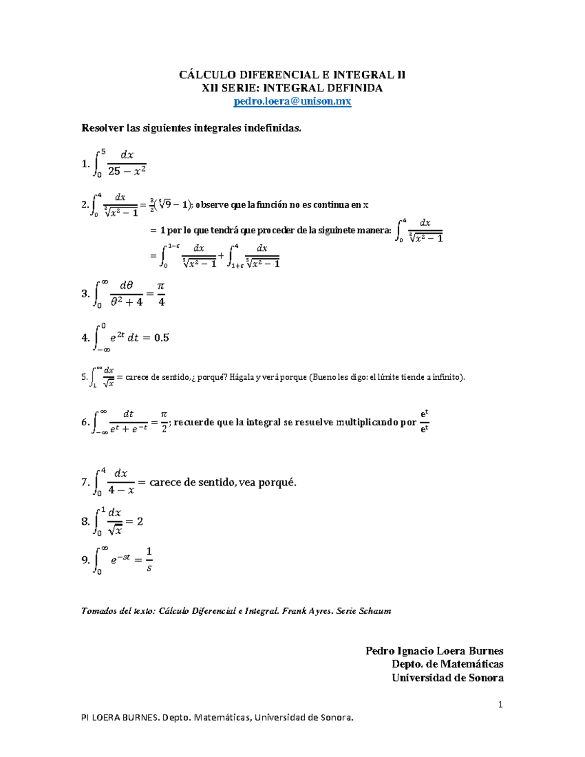 XII Serie Integrales Indefinidas - 1 PI LOERA BURNES. Depto ...