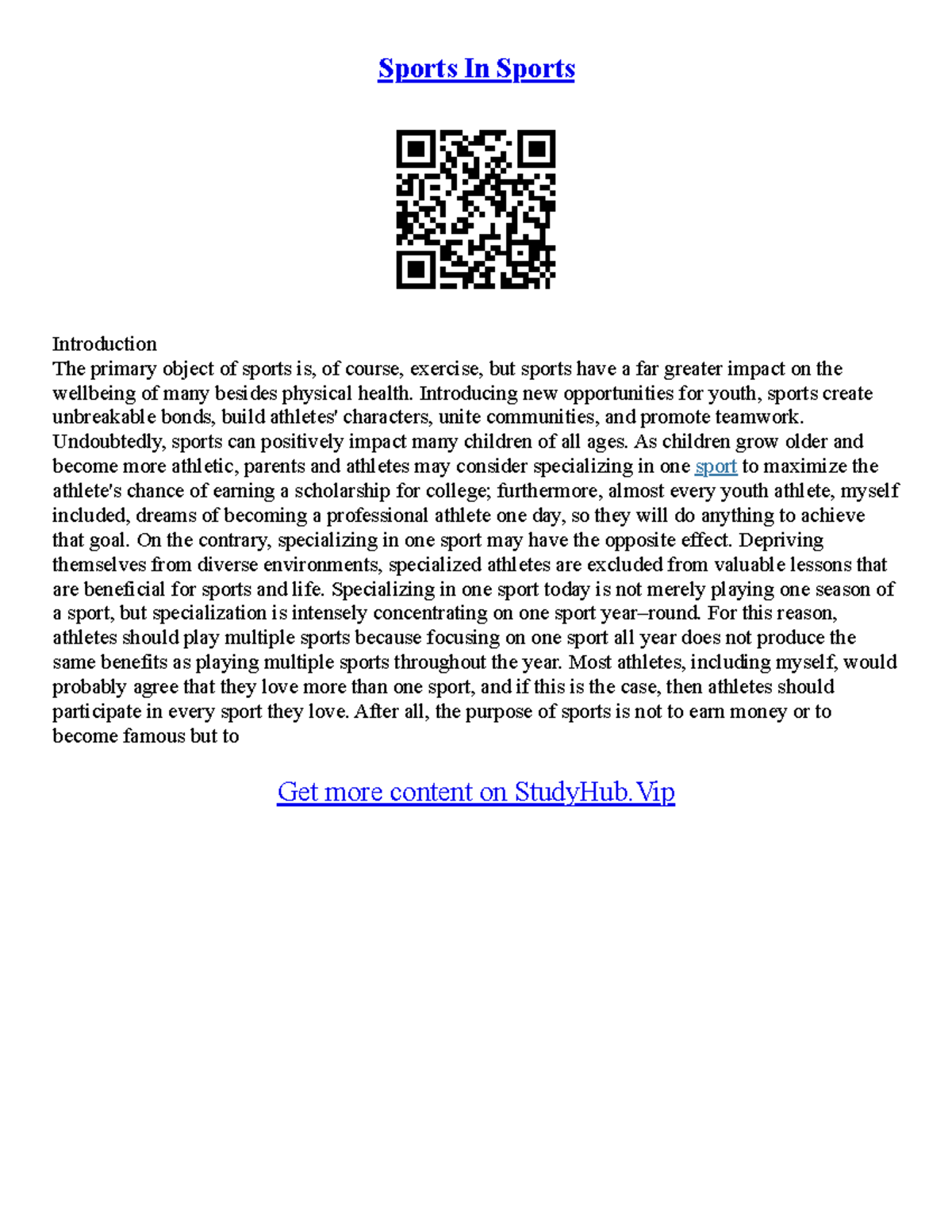 Essay On Sports - Sports In Sports Introduction The primary object of ...