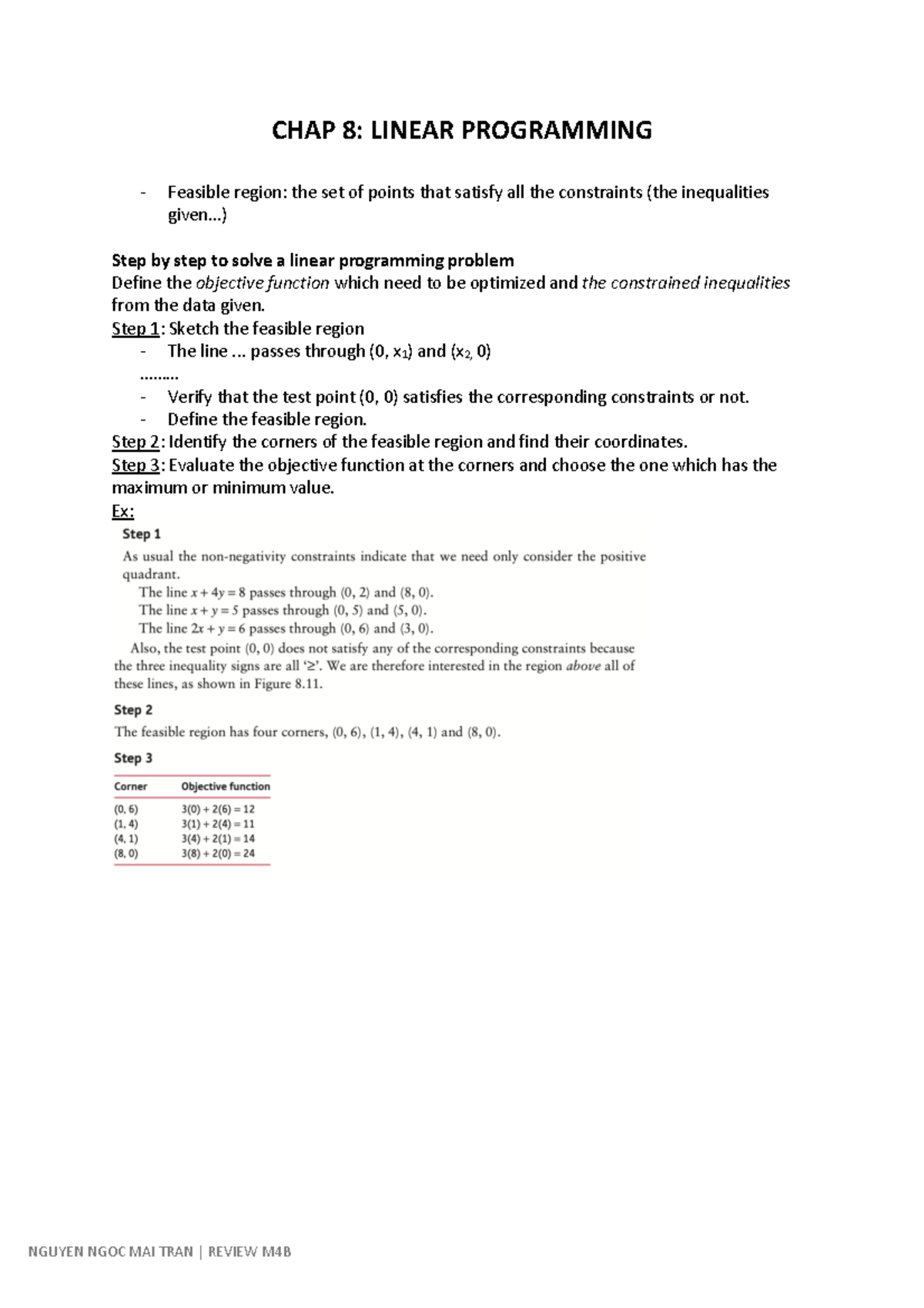 CHAP 8 Review - NGUYEN NGOC MAI TRAN | REVIEW M4B CHAP 8: LINEAR PROGRAMMING Feasible region ...