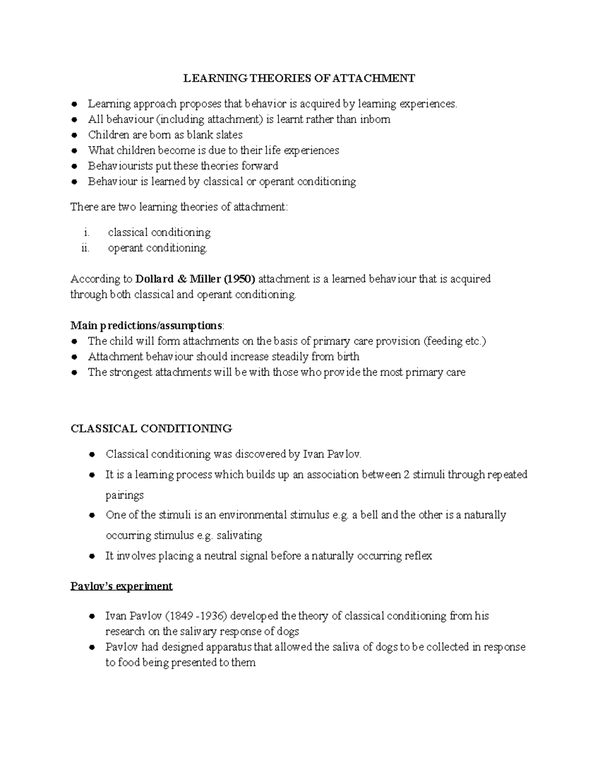 Learning theories of attachment - LEARNING THEORIES OF ATTACHMENT Learning approach proposes ...