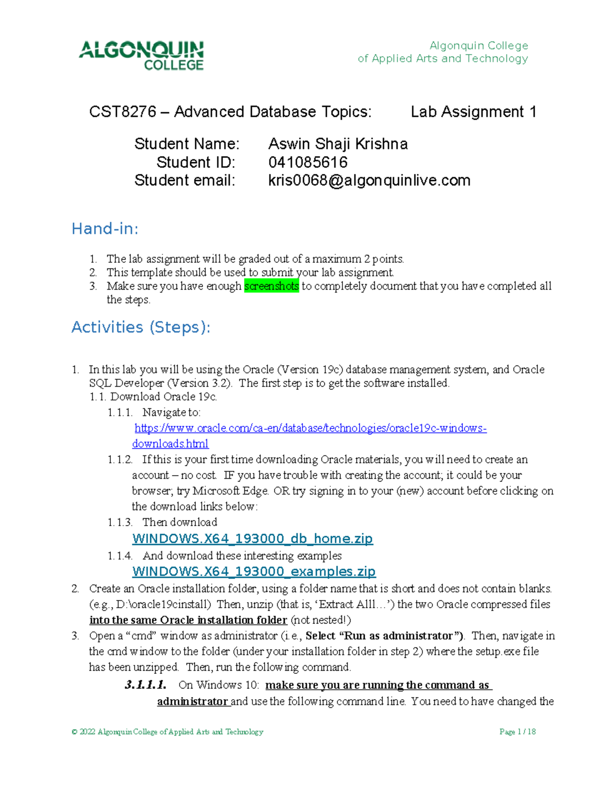 CST8276-Lab01 - ... - of Applied Arts and Technology CST8276 – Advanced Database Topics: Lab ...