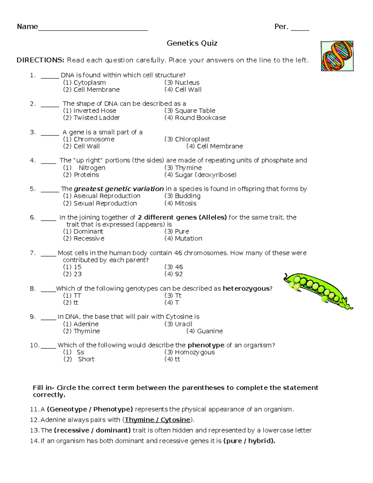 Genetics Quiz 2021 - None - Name______________________________ Per ...