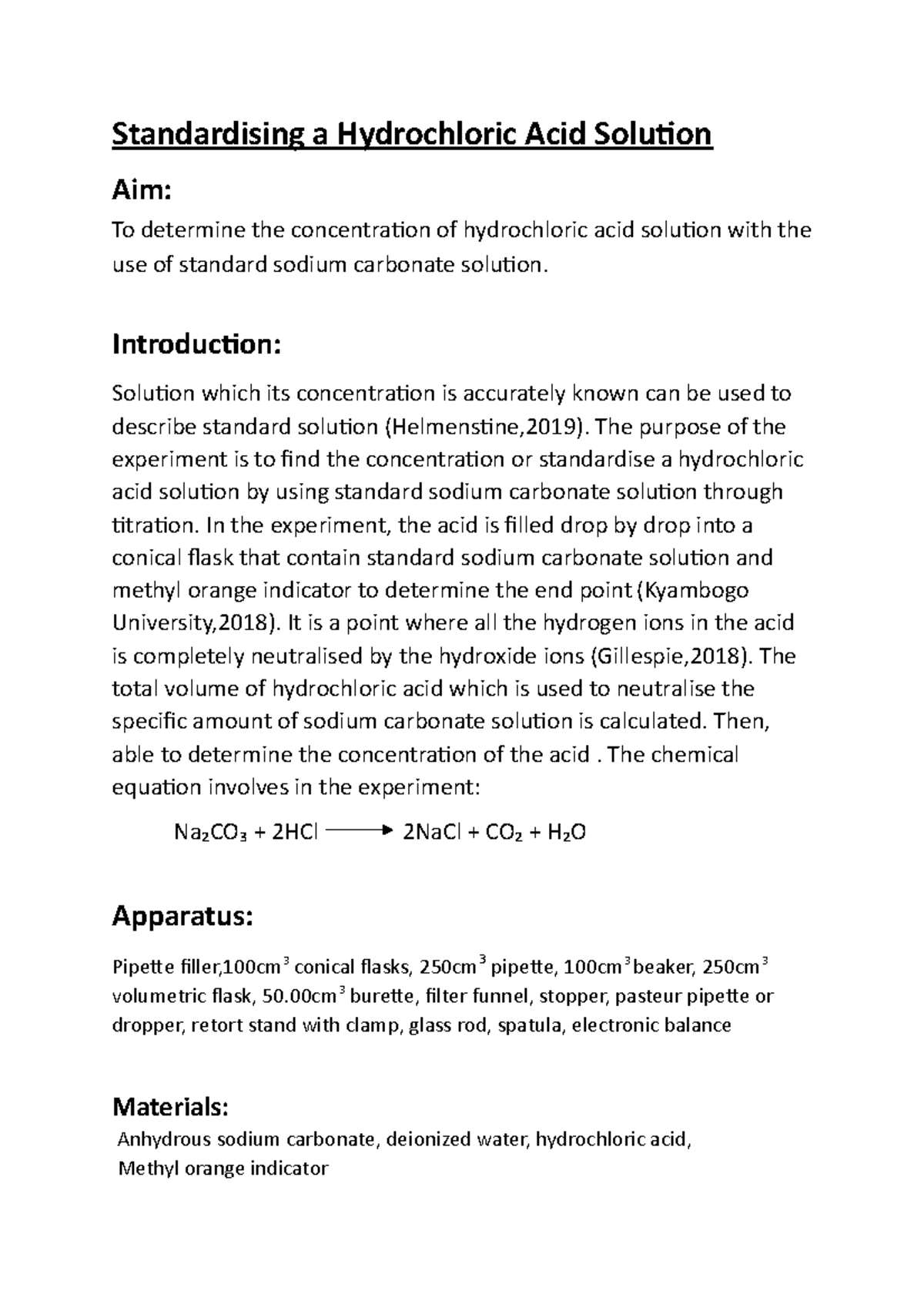 Chemistry assessment for mufy - Standardising a Hydrochloric Acid ...