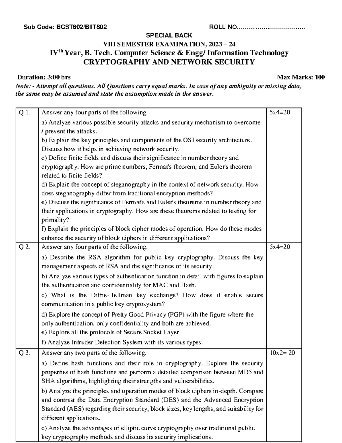 question paper cryptography - Duration: 3:00 hrs Max Marks: 100 Note ...