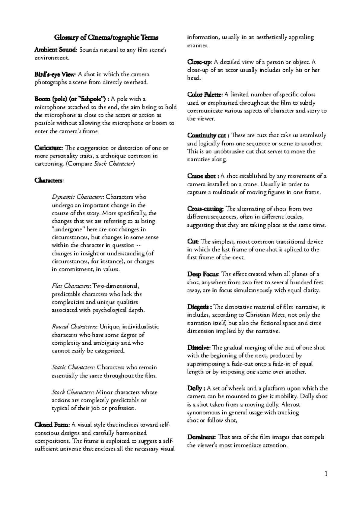 FA 341 - Glossary of Film Terms - Glossary of Cinema/tographic Terms ...