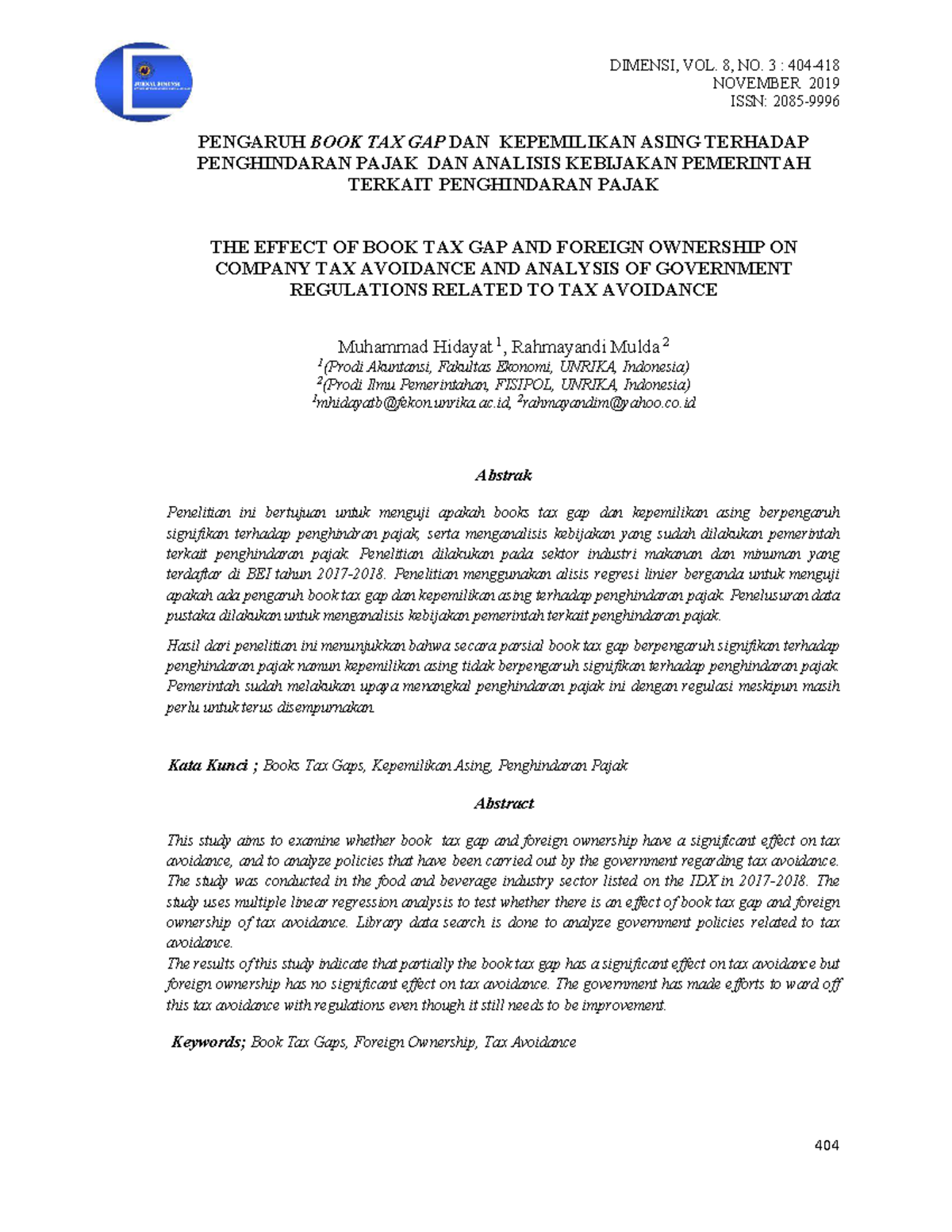 2186 6178 1 SM - jurnal penghindaran pajak - NOVEMBER 2019 ISSN: 2085 ...