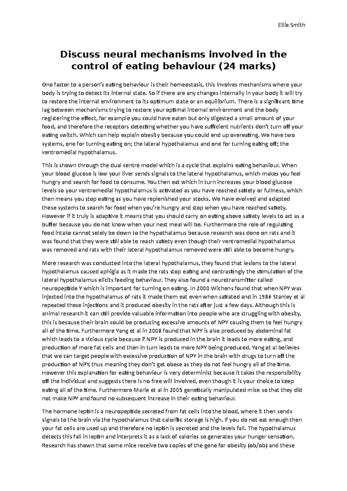 Discuss neural mechanisms involved in the control of eating behaviour ...