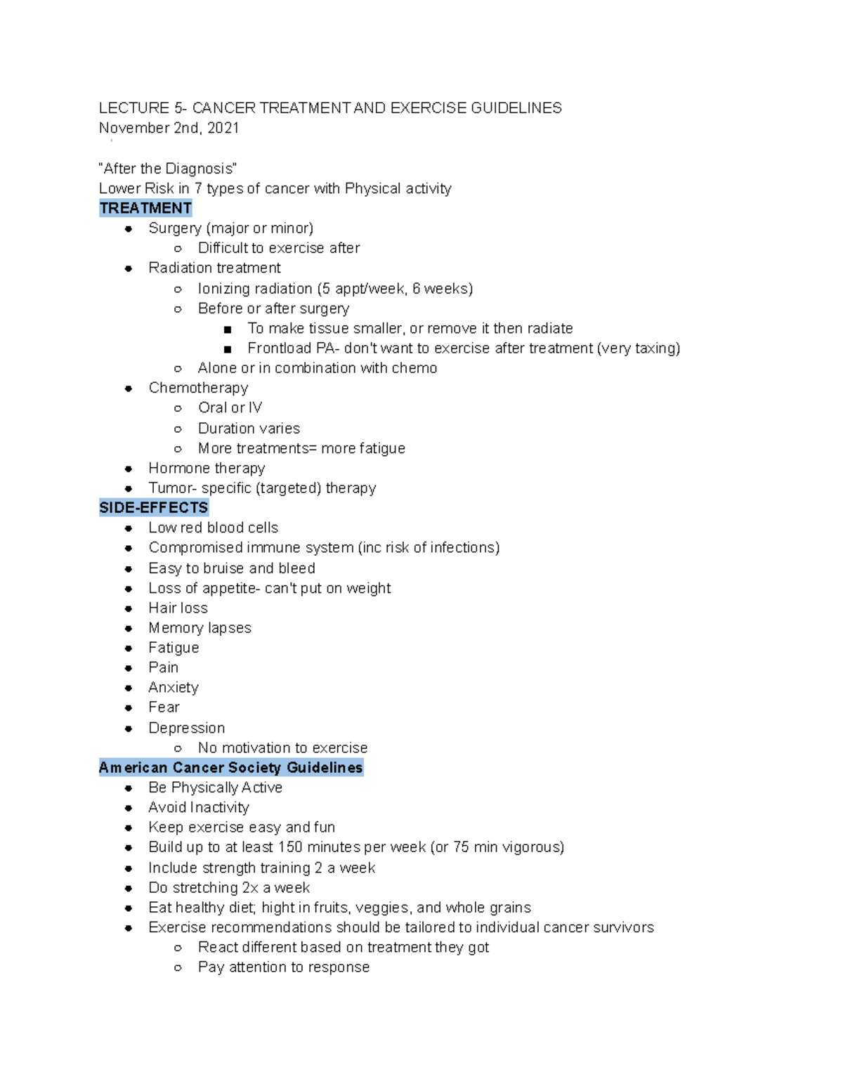 Unit 3-Lecture 5: Cancer Treatment and Exercise Guidelines - LECTURE 5 ...