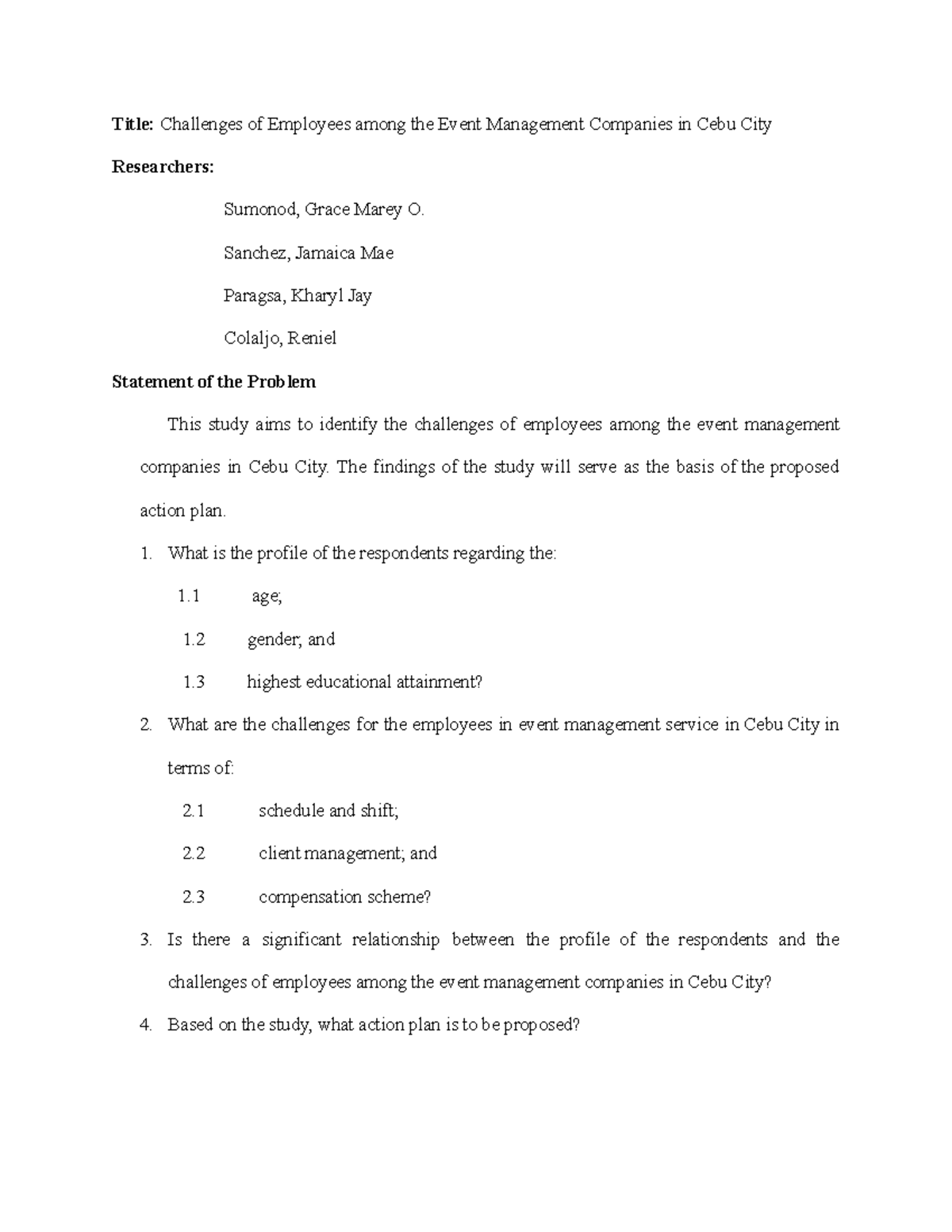 S-O-P Sumonod ET AL - Nothing follows. - Title: Challenges of Employees ...