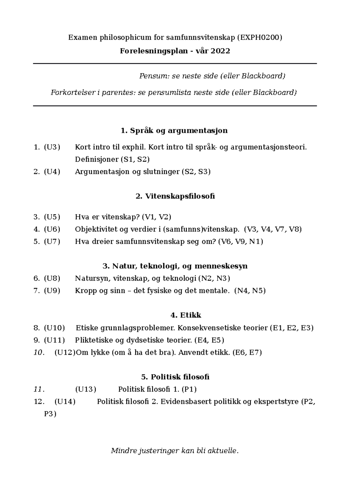 Leseplan exphil - Examen philosophicum for samfunnsvitenskap (EXPH0200) Forelesningsplan - vår ...