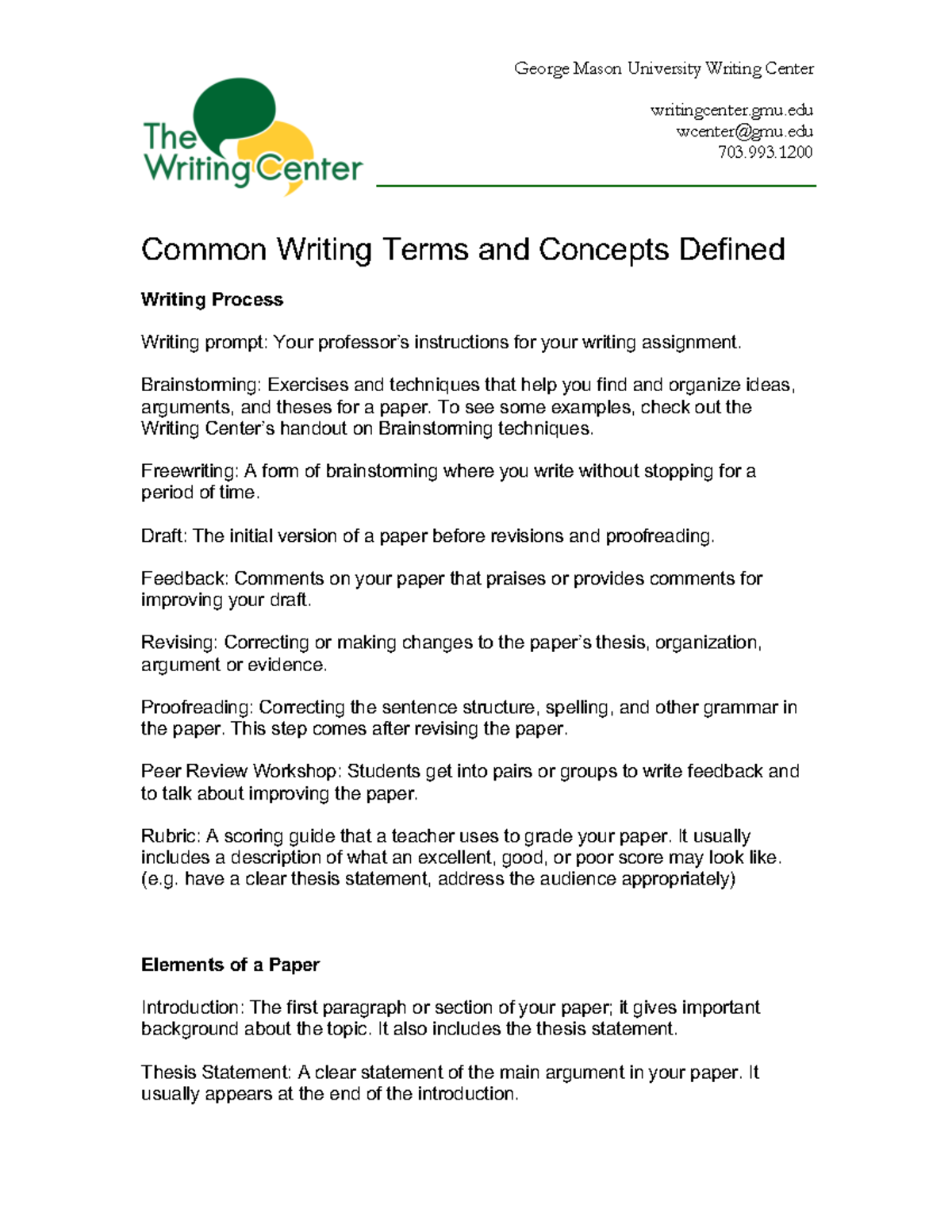 Common Writing Terms and Concepts Defined ATI - The Writing ~enter ...
