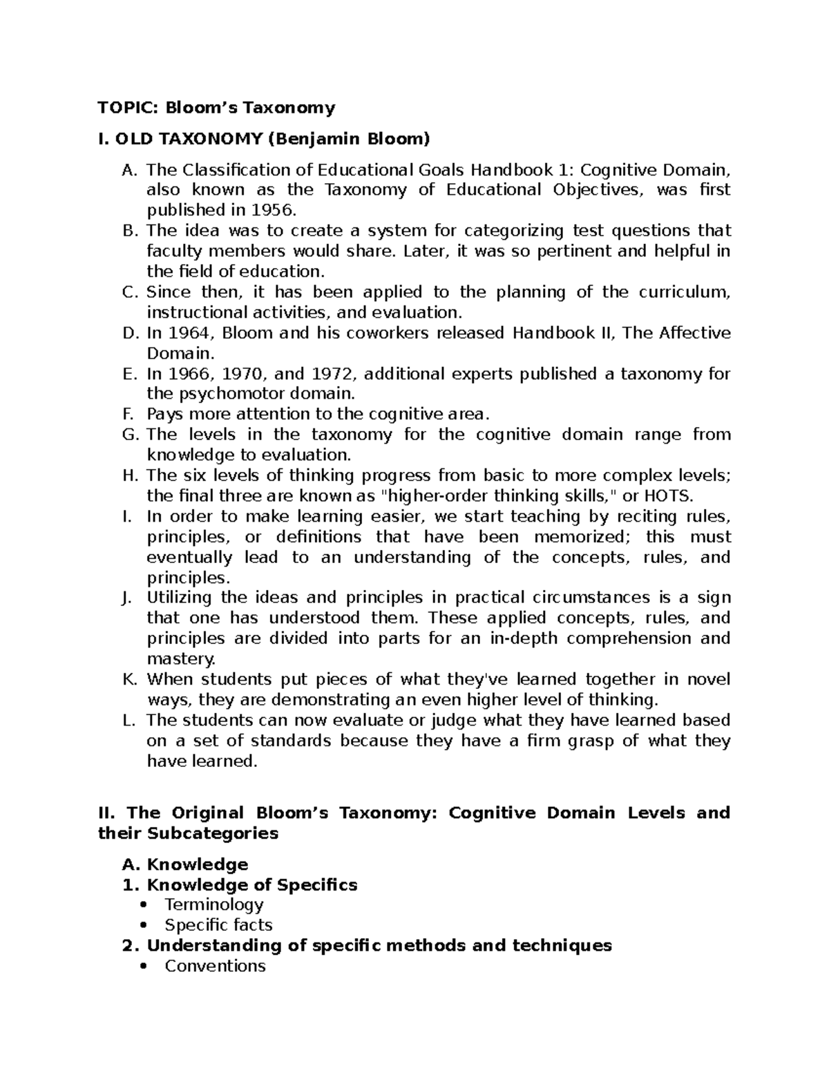 Bloom’s Taxonomy - OLD TAXONOMY (Benjamin Bloom) A. The Classi昀椀cation ...