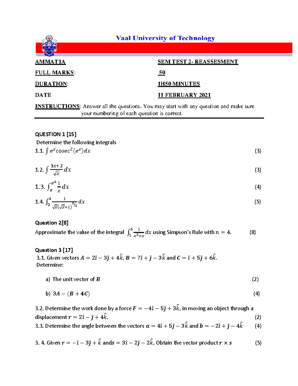 CASS 3 - cass test - AMMAT1A SEM TEST 2 - REASSESMENT FULL MARKS: 50 ...