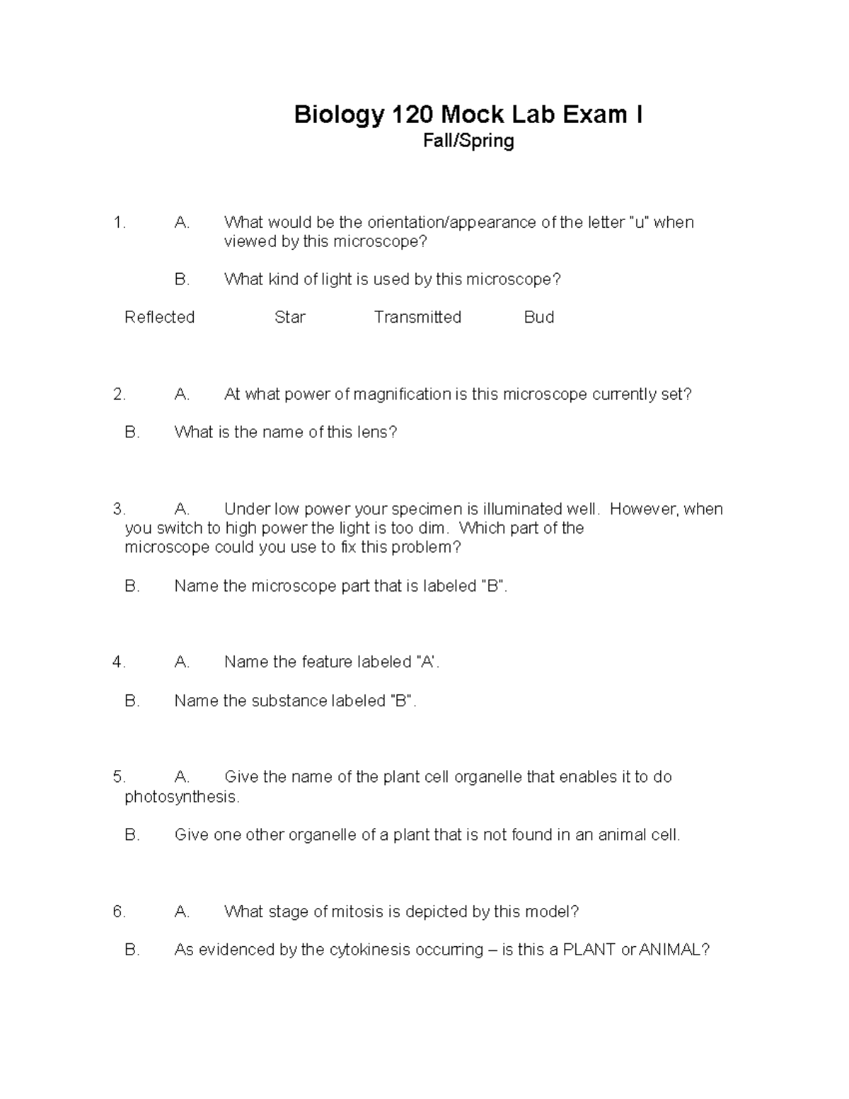 Mock Lab Exam I Reserve Desk - Biology 120 Mock Lab Exam I Fall/Spring ...