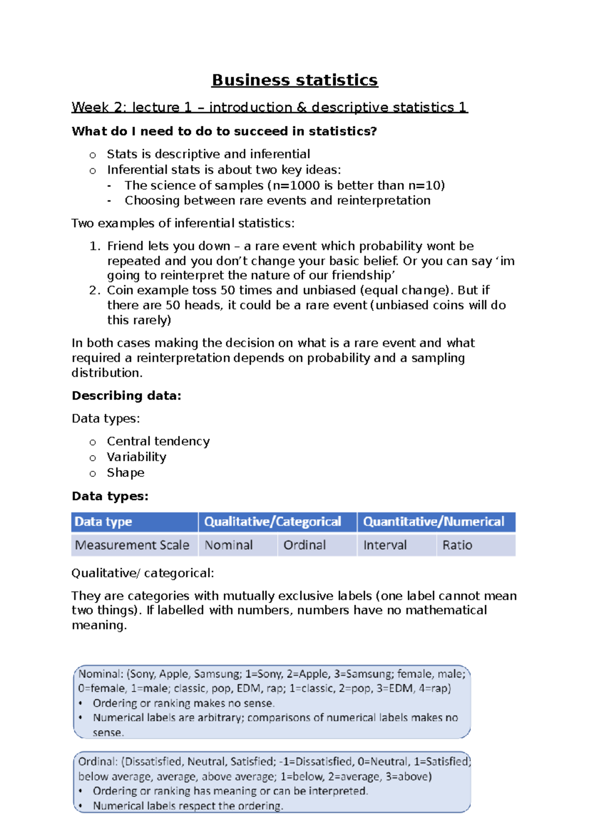 Lecture notes - Business statistics Week 2: lecture 1 – introduction ...
