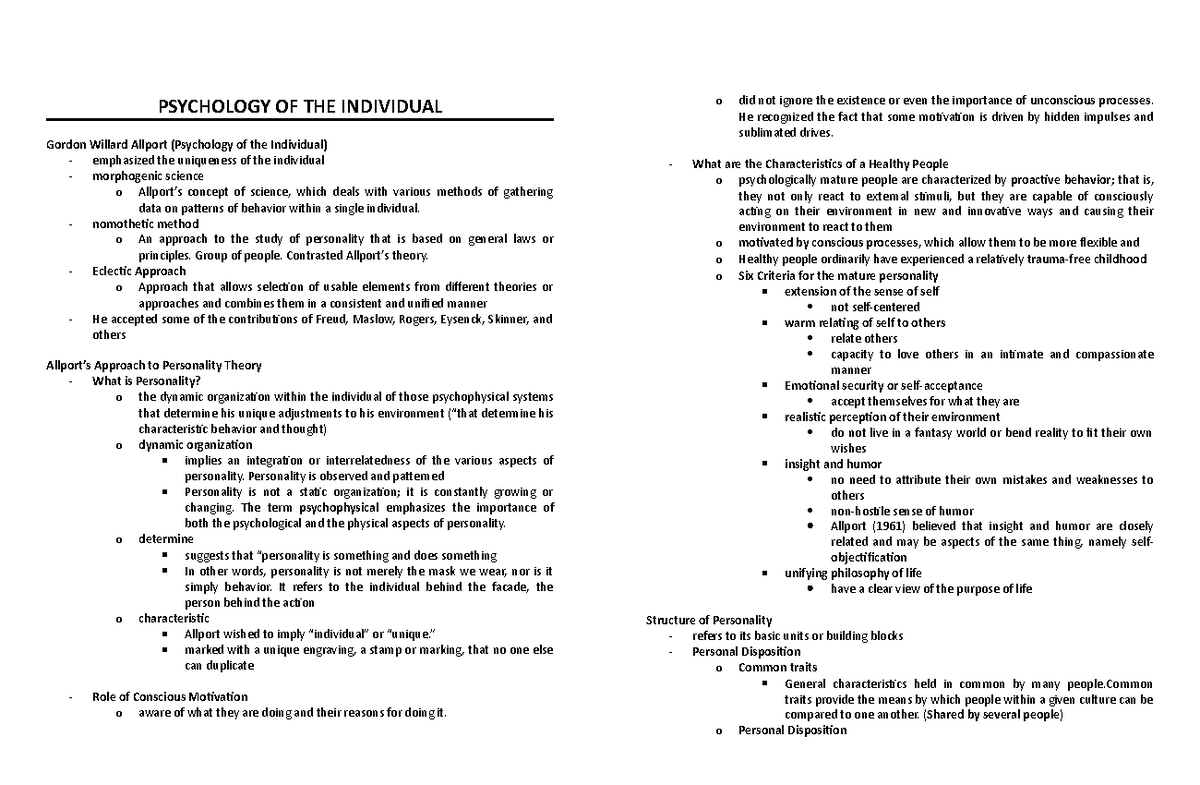 Dispositional Theories - PSYCHOLOGY OF THE INDIVIDUAL Gordon Willard ...