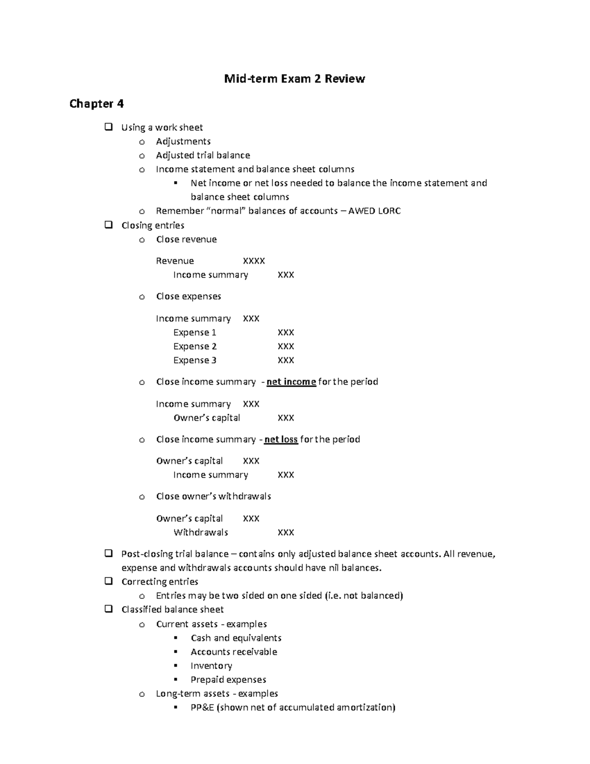 Mid-term exam 2 review - Mid-term Exam 2 Review Chapter 4 Using a work ...
