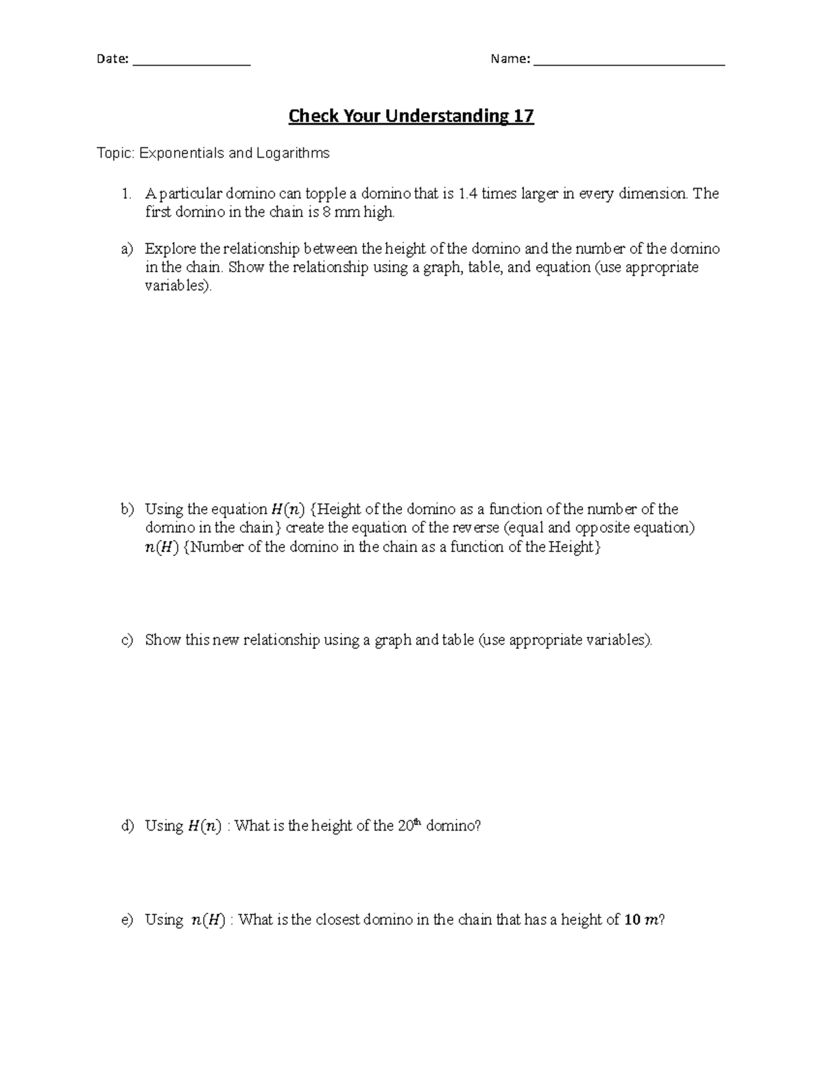 CYU 17 (Exponentials & Logs) - Date: ________________ Name ...