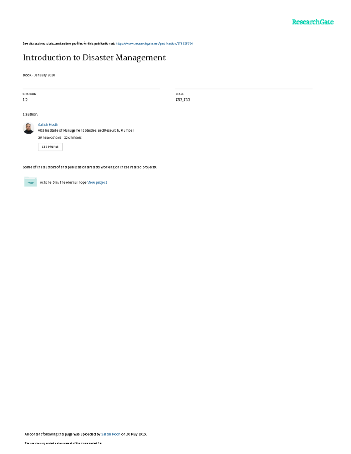 Disaster Management Satish Modh Chapter 1 - See discussions, stats, and ...