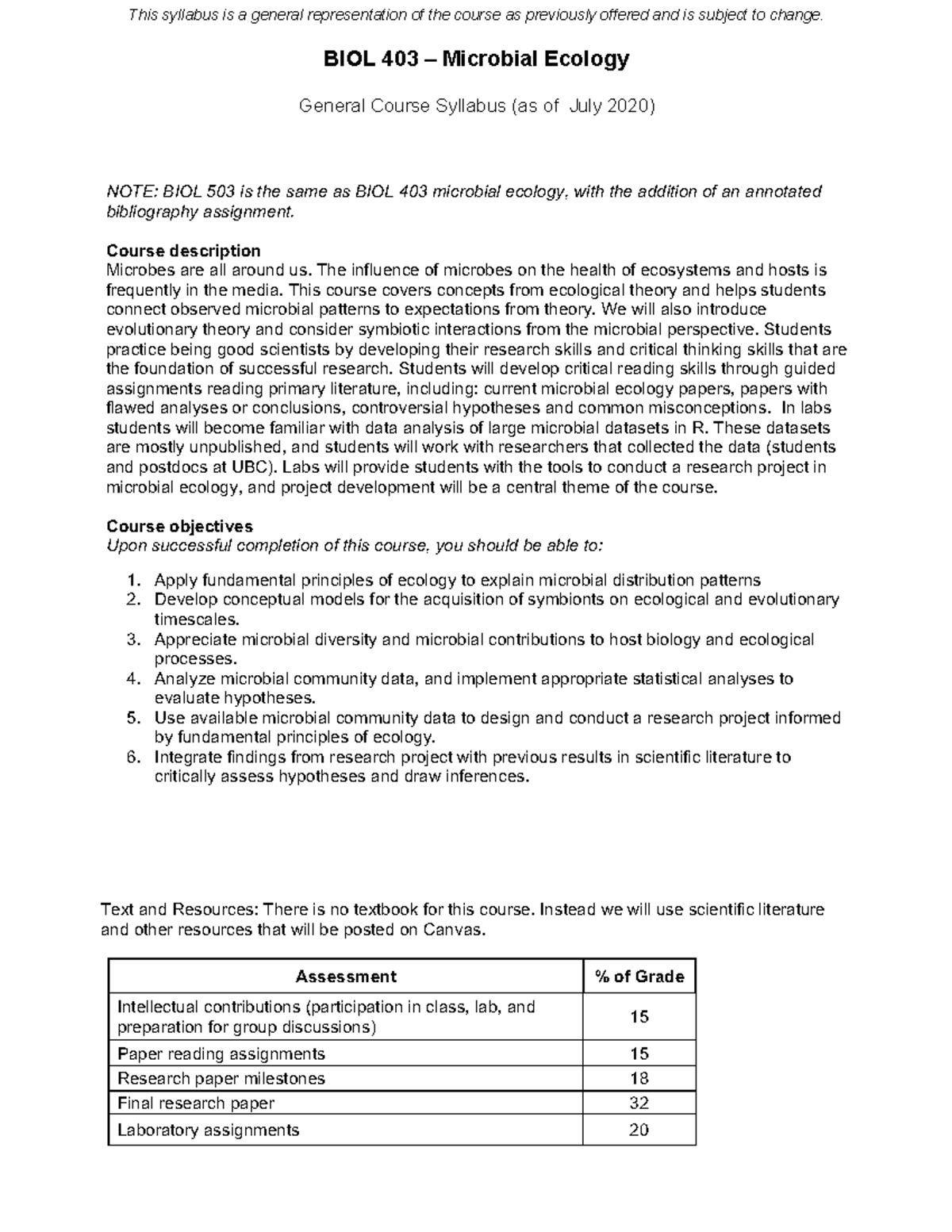 Syllabus BIOL403 2020 - EOSC 584B - UBC - Studocu