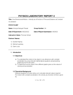 Lab 111 - Lab 111 phys 111A - Physics Laboratory Report Projectile ...