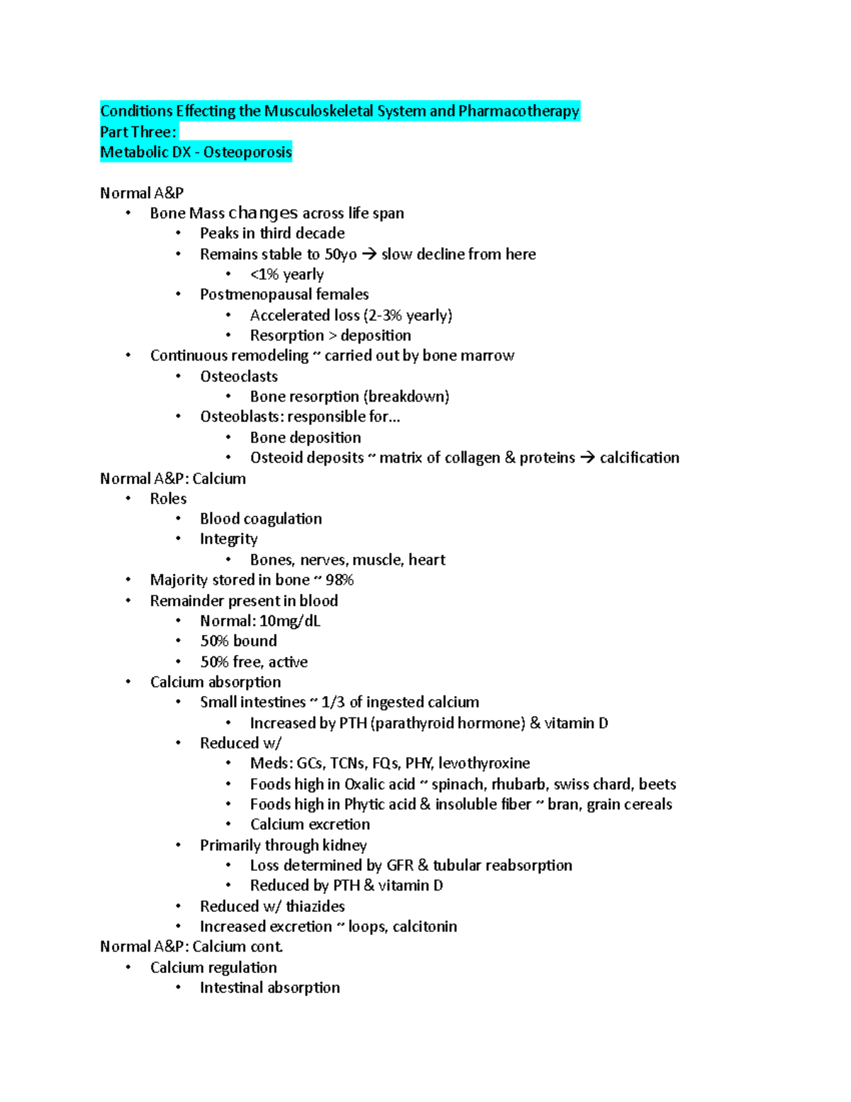 Patho Pharm II Module 6 - Lecture notes Lecture 6 - Conditions ...