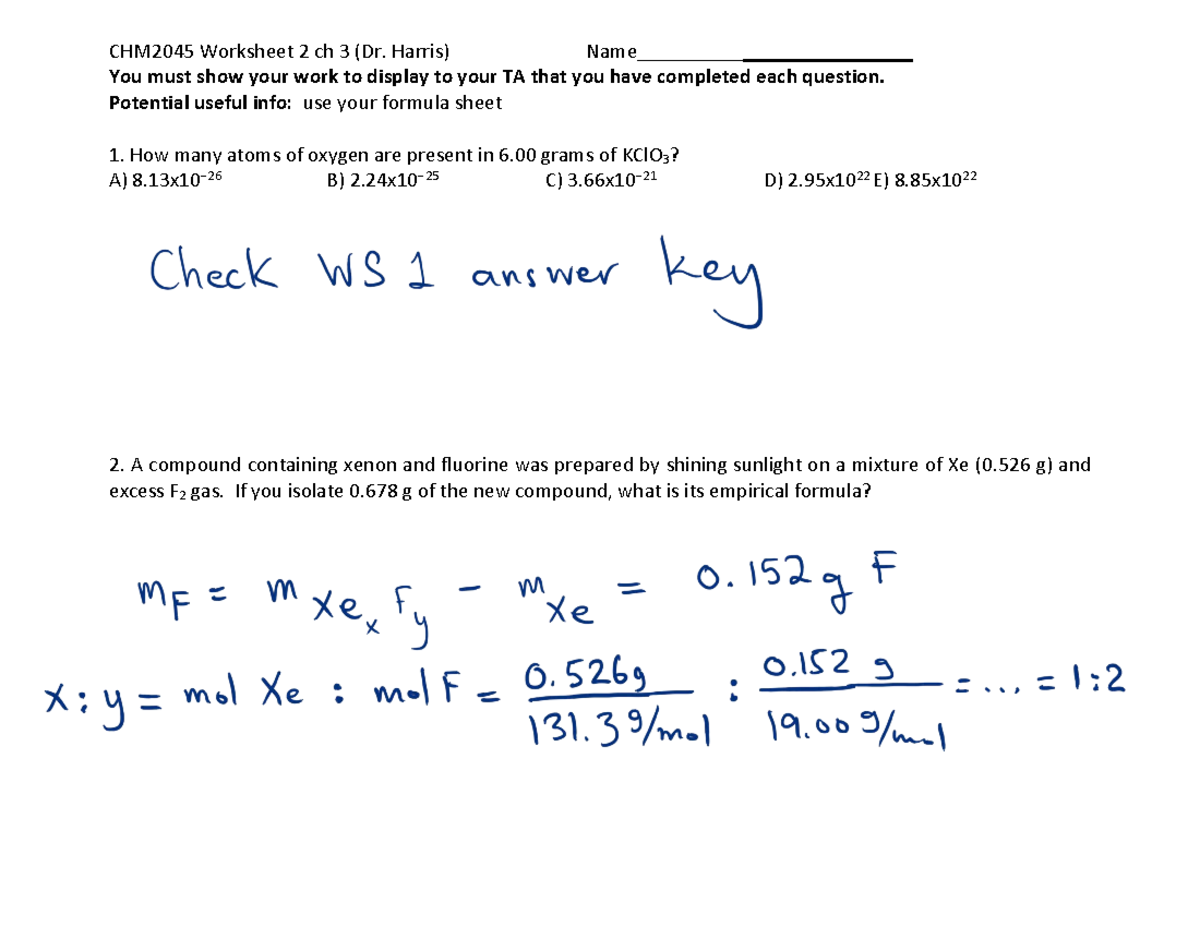 WS2 ch 3 key LH-1 - Noted - CHM2045 Worksheet 2 ch 3 (Dr. Harris) Name