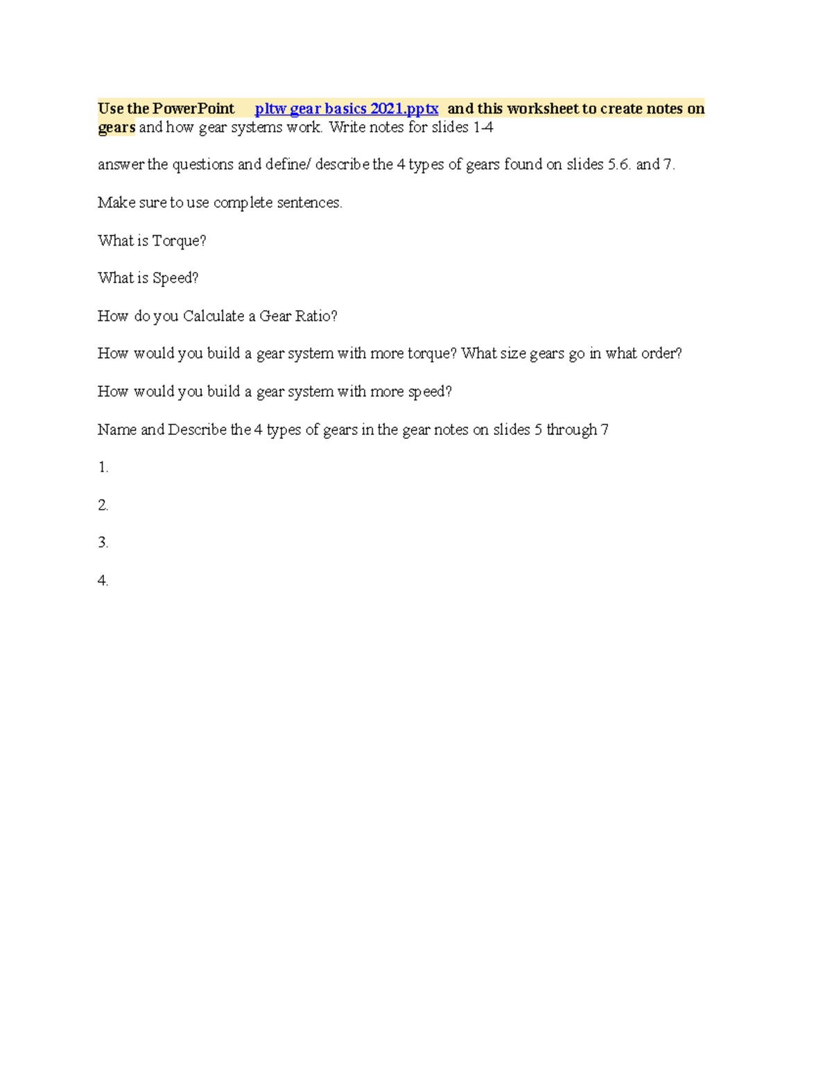 PLTW Gear Notes - Use the PowerPoint pltw gear basics 2021 and this ...