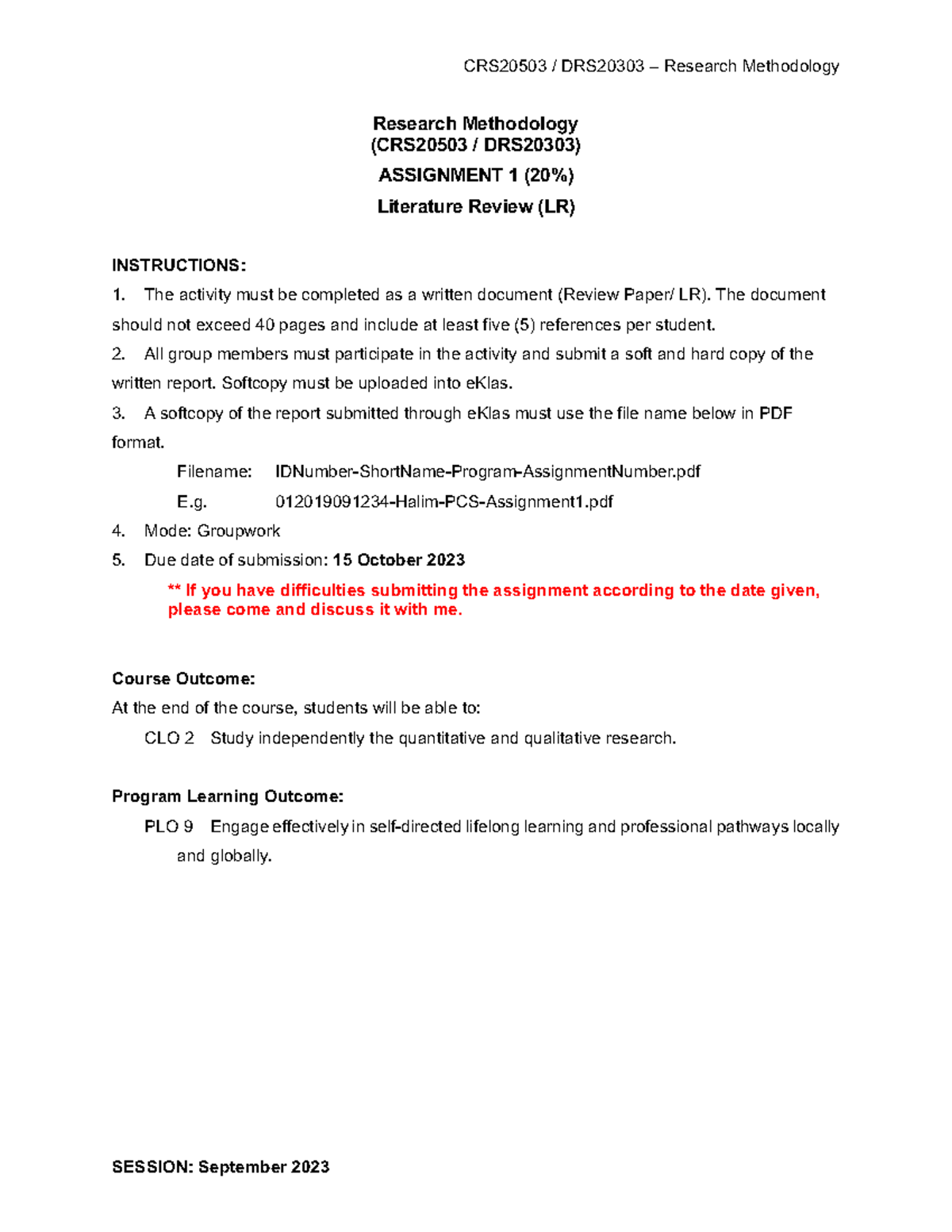 RM-A1-Sept2023 - for reference - Research Methodology (CRS20503 / DRS20303) ASSIGNMENT 1 (20% ...