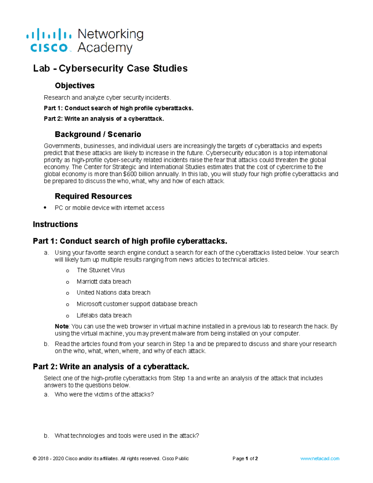 1.1.6 Lab - Cybersecurity Case Studies - Lab - Cybersecurity Case Studies Objectives Research ...