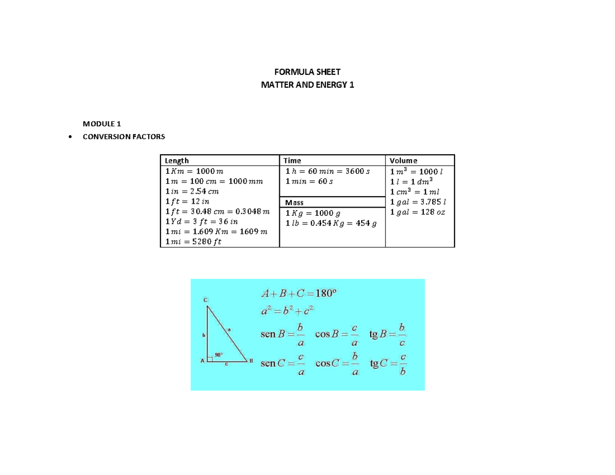 Formula Sheet Matter and Energy I| All modules - FORMULA SHEET MATTER ...