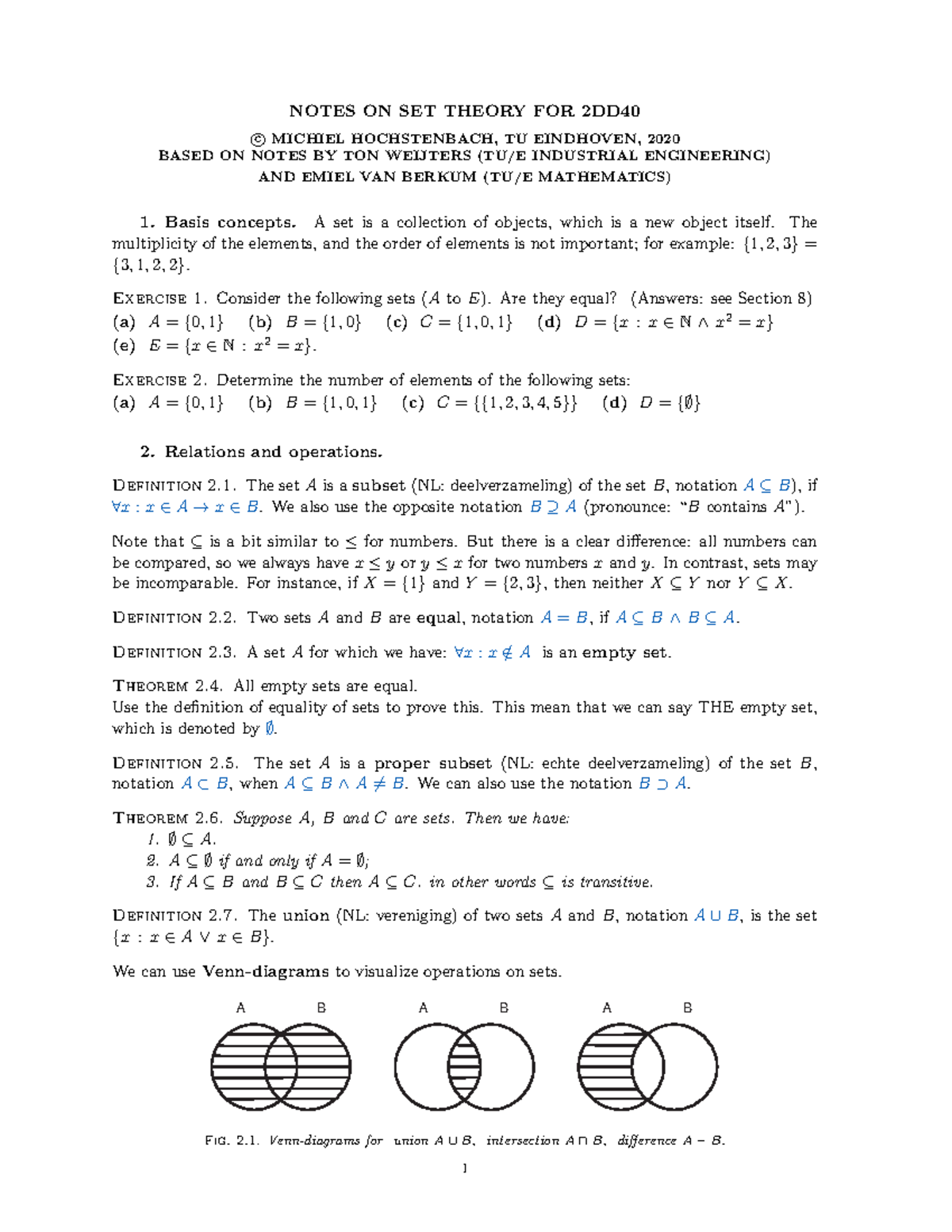 Notes-sets - Notes on sets - NOTES ON SET THEORY FOR 2DD © c MICHIEL ...
