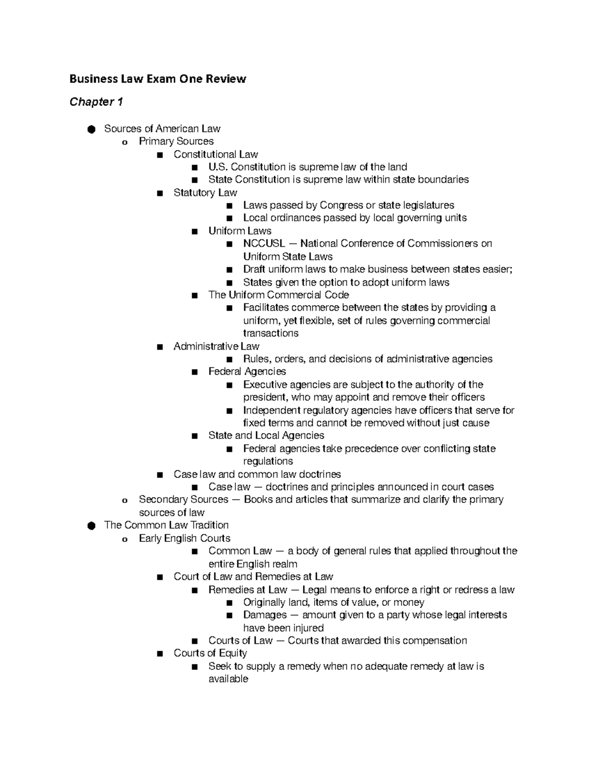 BLAW Exam 1 Review - Lecture notes Ch 1-6 - Business Law Exam One ...
