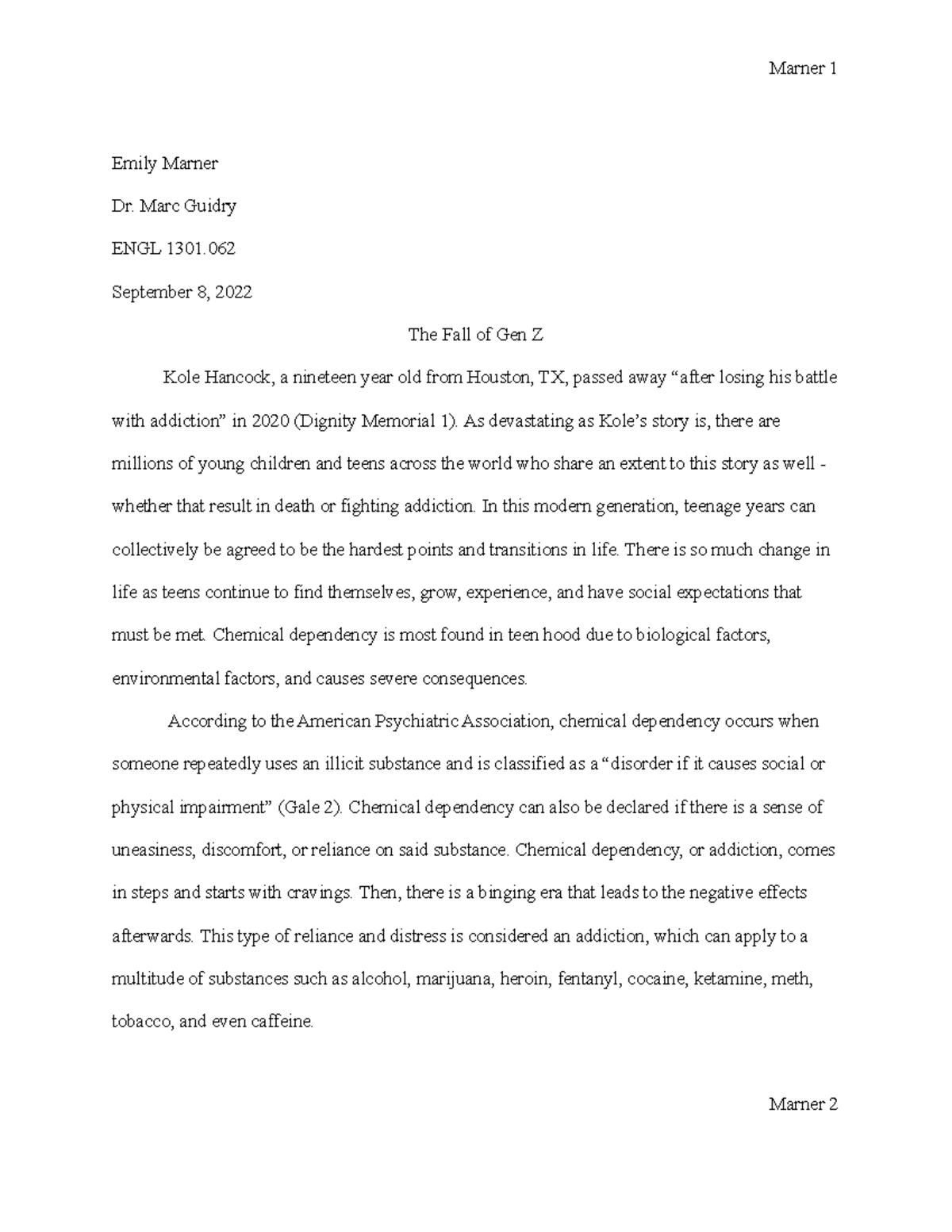 Chemical Dependency Essay - Marner 1 Emily Marner Dr. Marc Guidry ENGL ...
