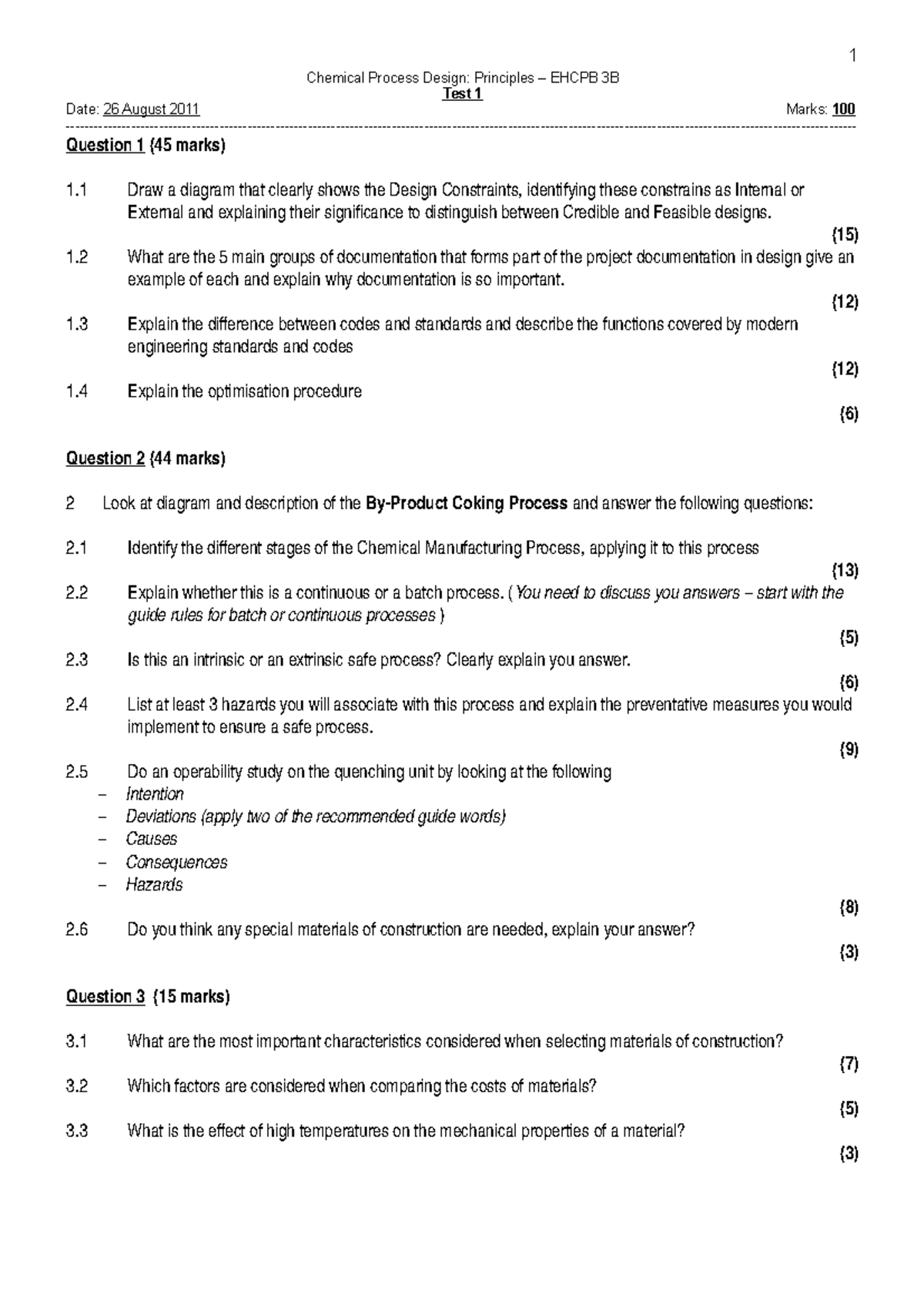 CPB3B Test1 S2 2011 and memo - Chemical Process Design: Principles ...
