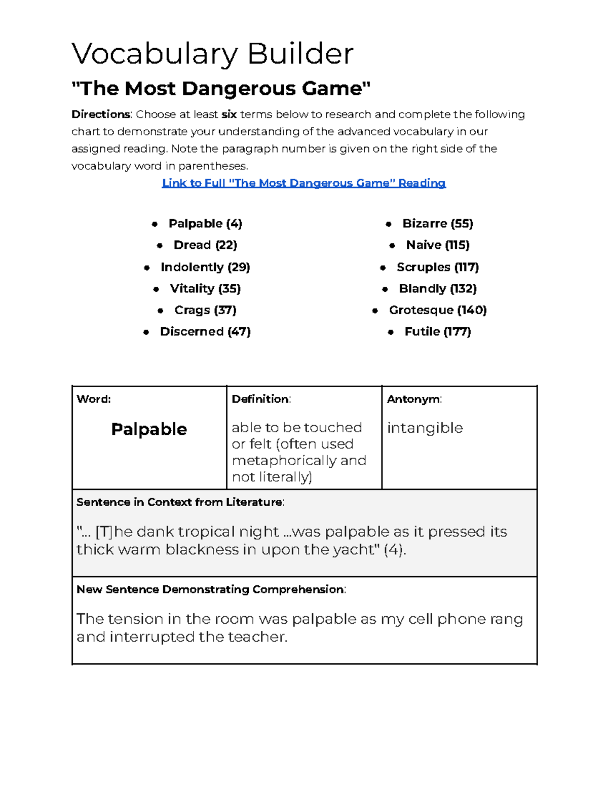 Copy of The Most Dangerous Game Vocabulary Builder - "The Most ...