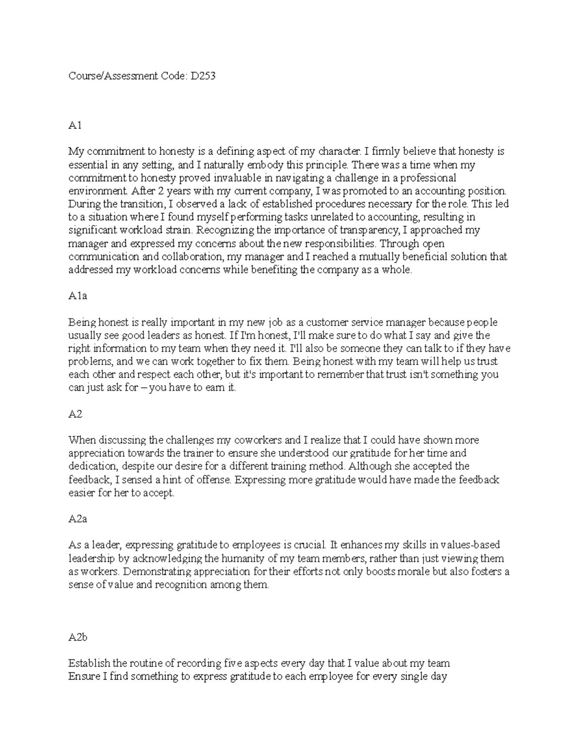 Values Based Leadership (D253) - Course/Assessment Code: D A My ... Values Based Leadership (D253) - Course/Assessment Code: D A My ...