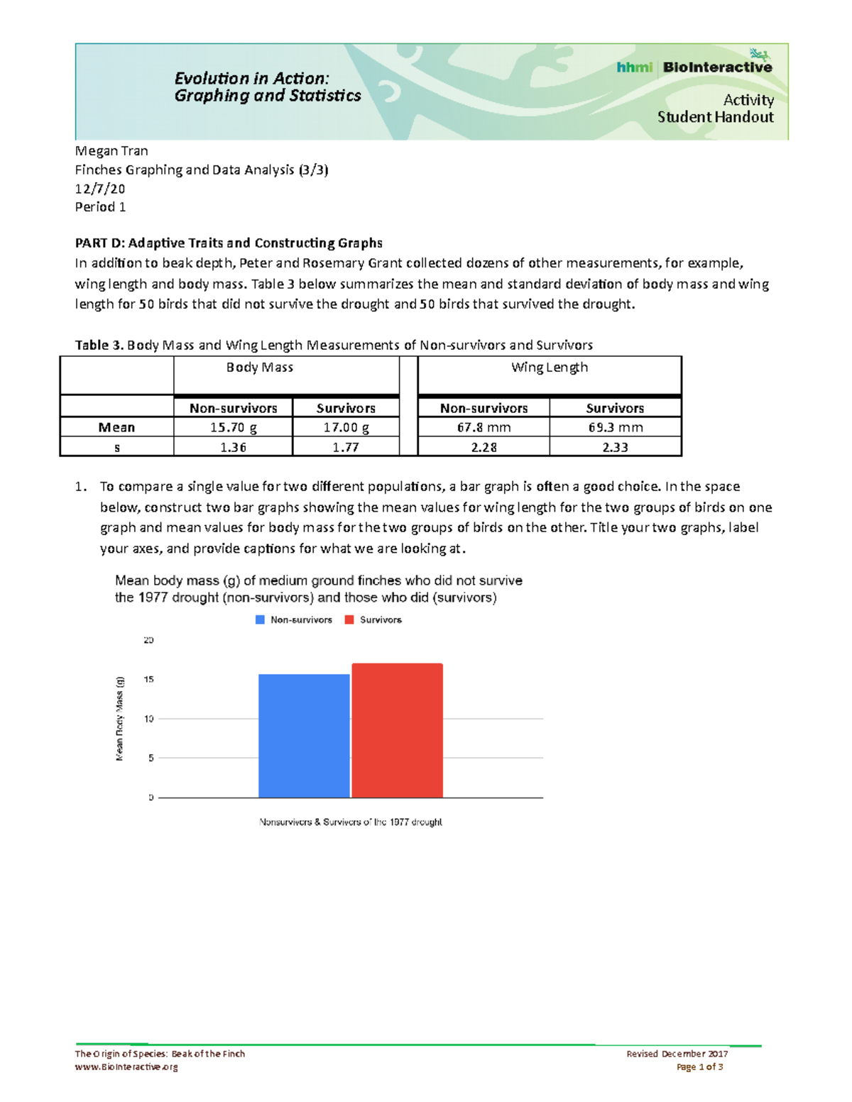Finches Graphing and Data Analysis - Table 3 below summarizes the mean ...