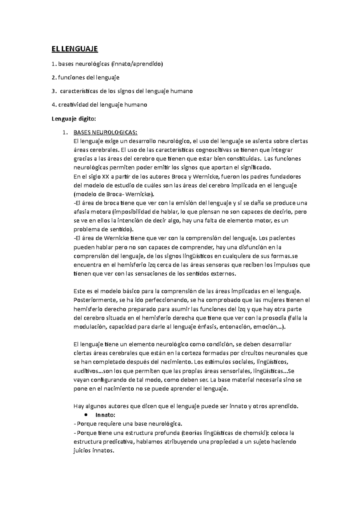 EL Lenguaje( Apuntes) - EL LENGUAJE bases neurológicas (innato ...