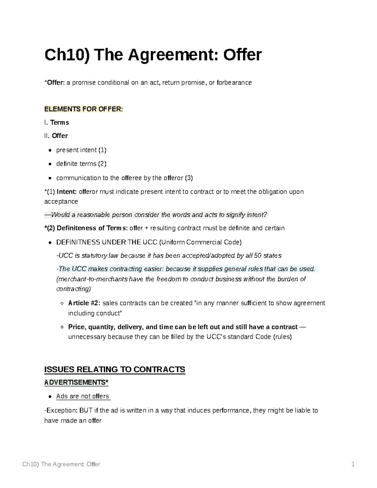 Class and Book Notes - chapter 10 (Offer) - Ch10) The Agreement: Offer ...