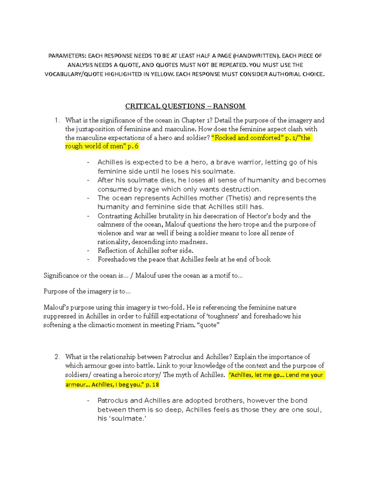 Critical Questions – Ransom - PARAMETERS: EACH RESPONSE NEEDS TO BE AT ...