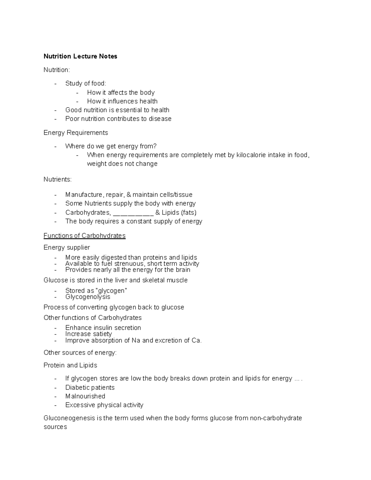 Nutrition Lecture Notes - Nutrition Lecture Notes Nutrition: - Study of ...
