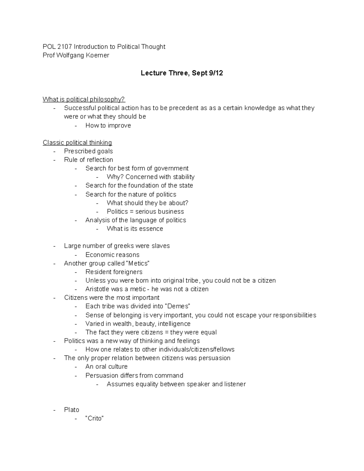 Wolfgang lecture notes - POL 2107 Introduction to Political Thought ...