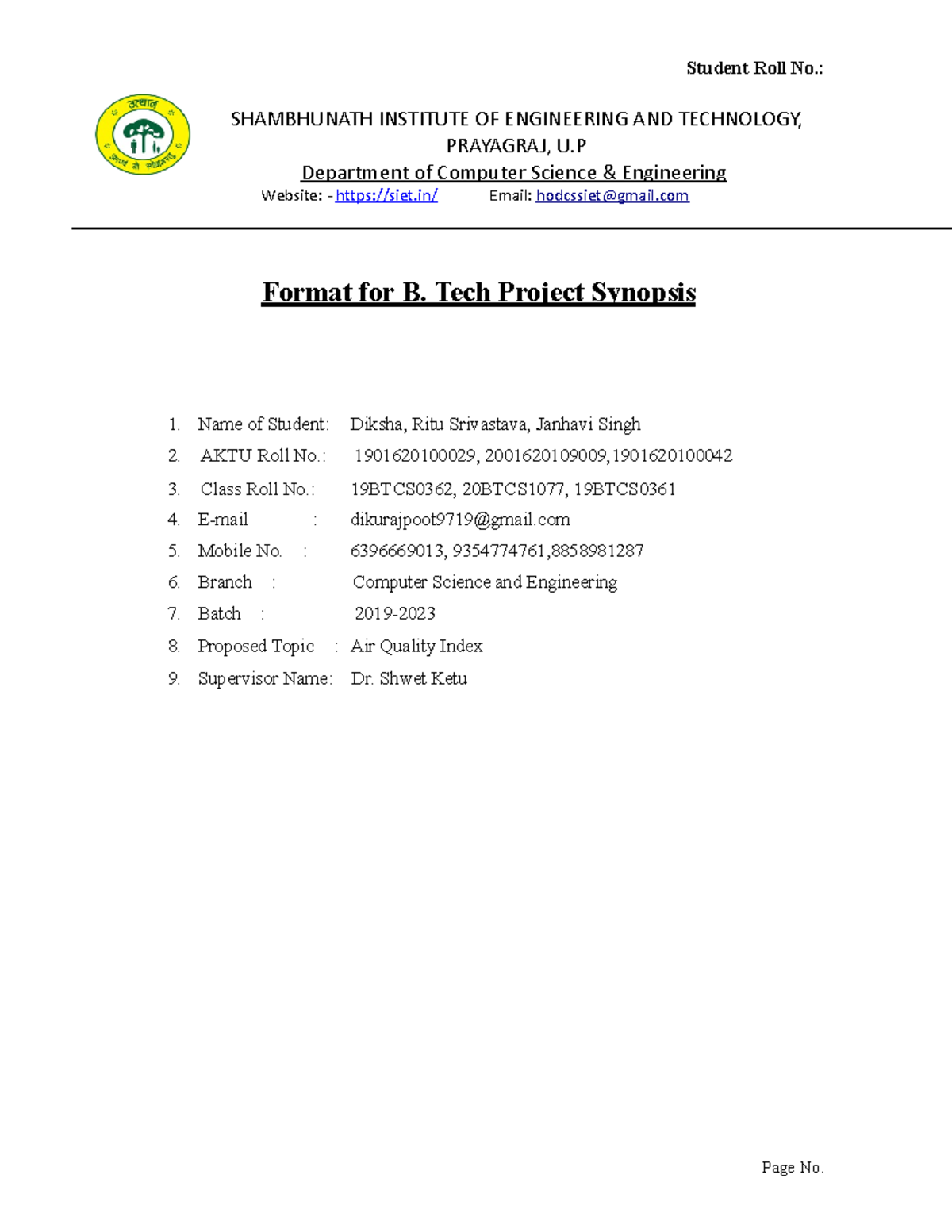 Synopsis format B - Student Roll No.: Page No. SHAMBHUNATH INSTITUTE OF ENGINEERING AND ...