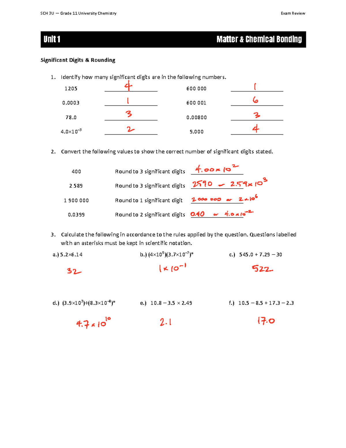Exam Review Updated Answers - Unit 1 Matter & Chemical Bonding ...