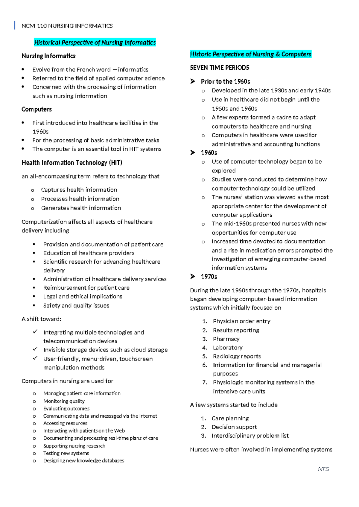 NCM 110 Historical Perspective of Nursing Informatics - NCM 110 NURSING INFORMATICS Historical ...